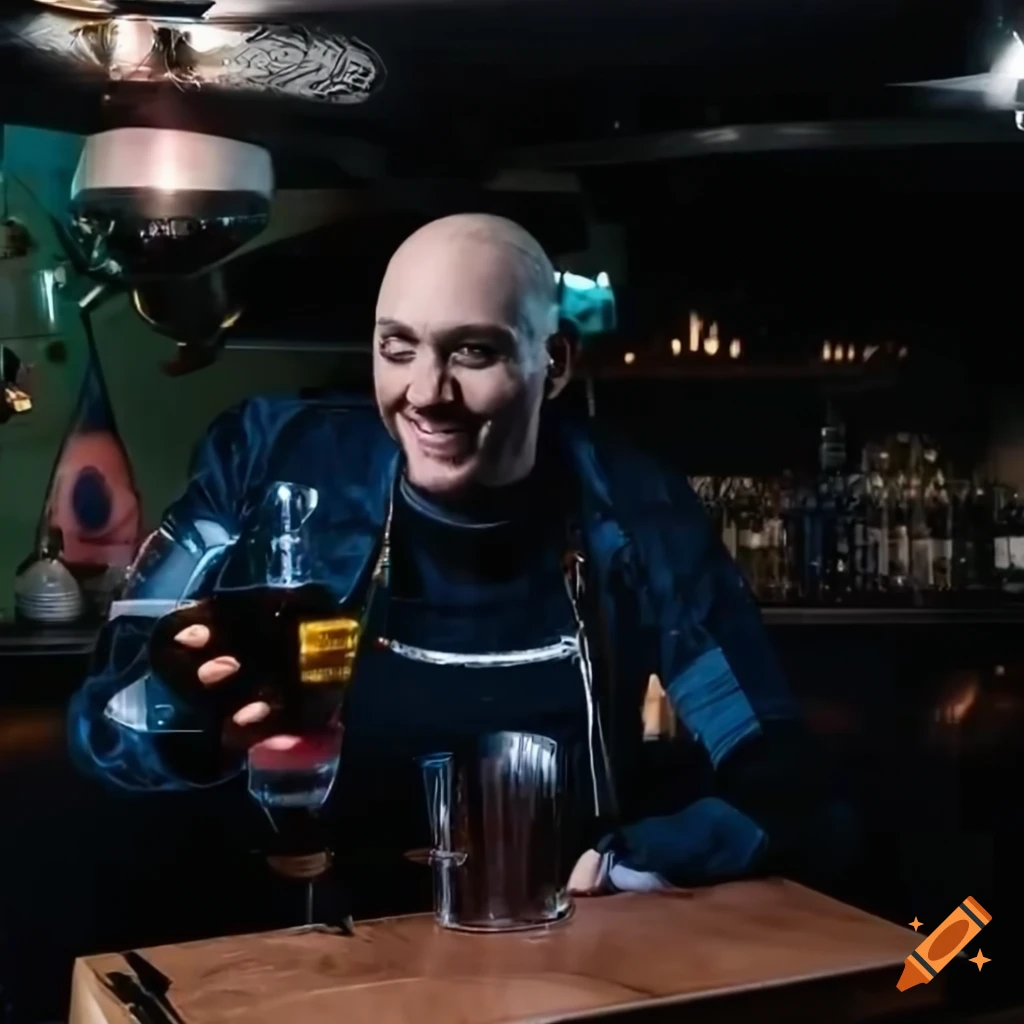 Wide shot medieval tavern with a dark, muscular bartender carrying a ...