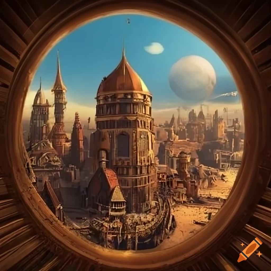 Steampunk city on mars with wine canals