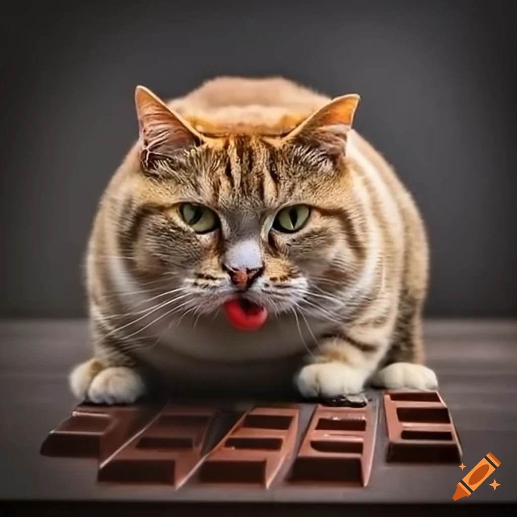 Image of a chubby cat enjoying chocolate on Craiyon