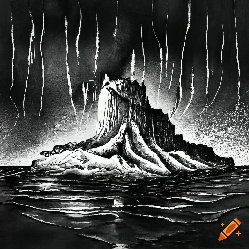 Black and white ink drawing of a desolate island