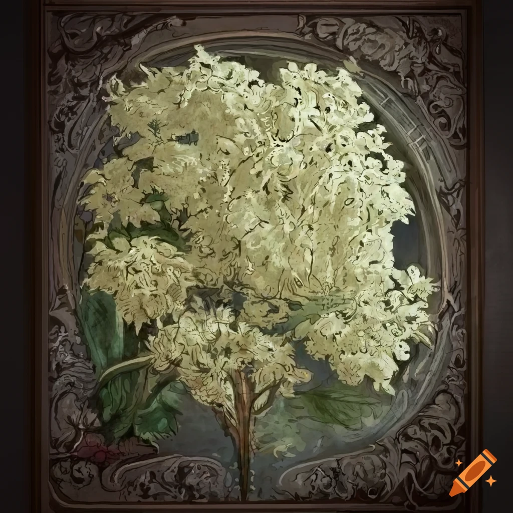 Rococo drawing of elder flowers over a portal on Craiyon