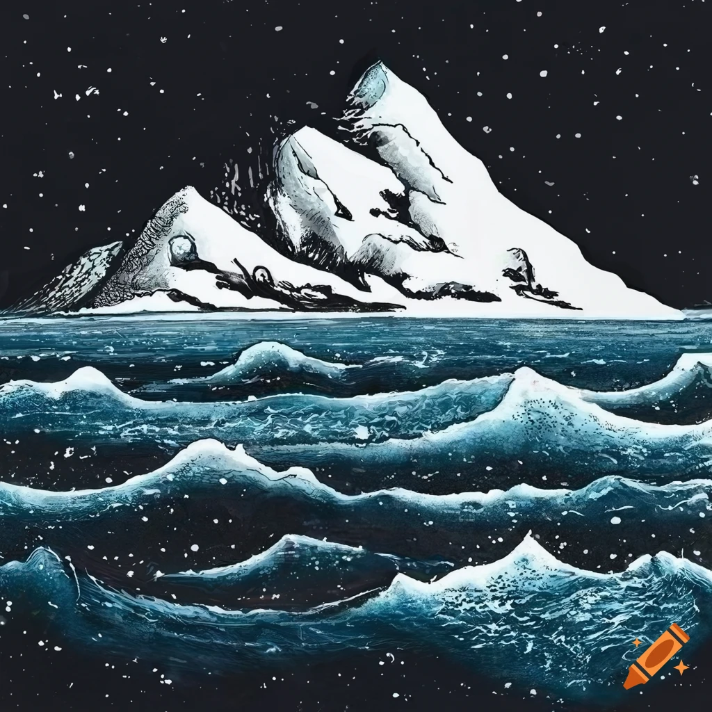 Black ink illustration of a stormy sea with a northern island
