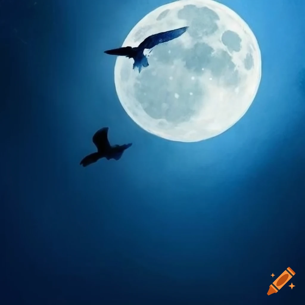 Watercolor of a bird flying under a silver moon