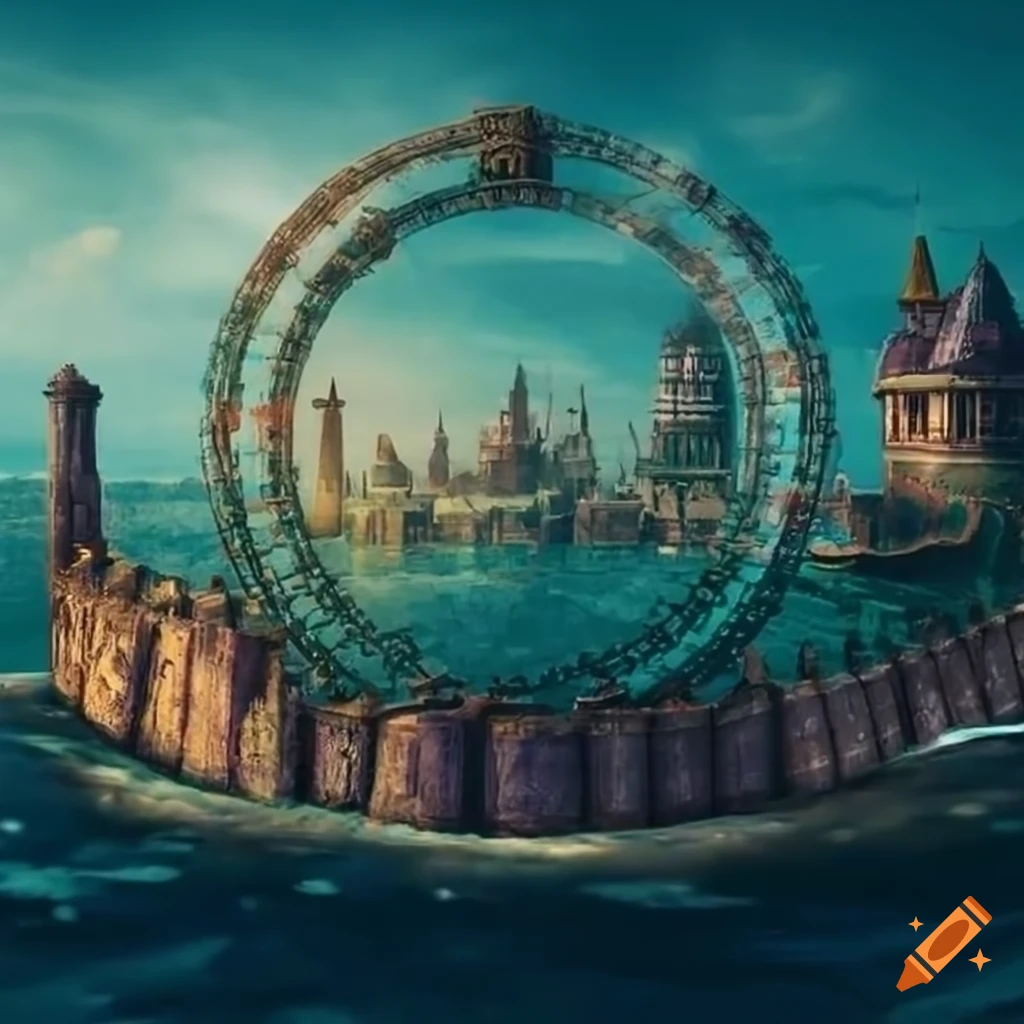 Colorful steampunk city in the ocean with circular medieval wall on Craiyon
