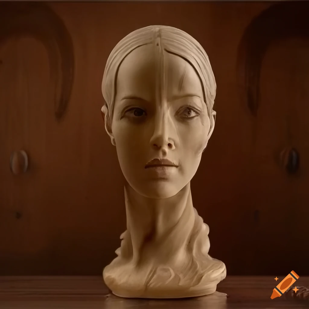 Wooden statue of emma stone in antique art nouveau cabinet on Craiyon