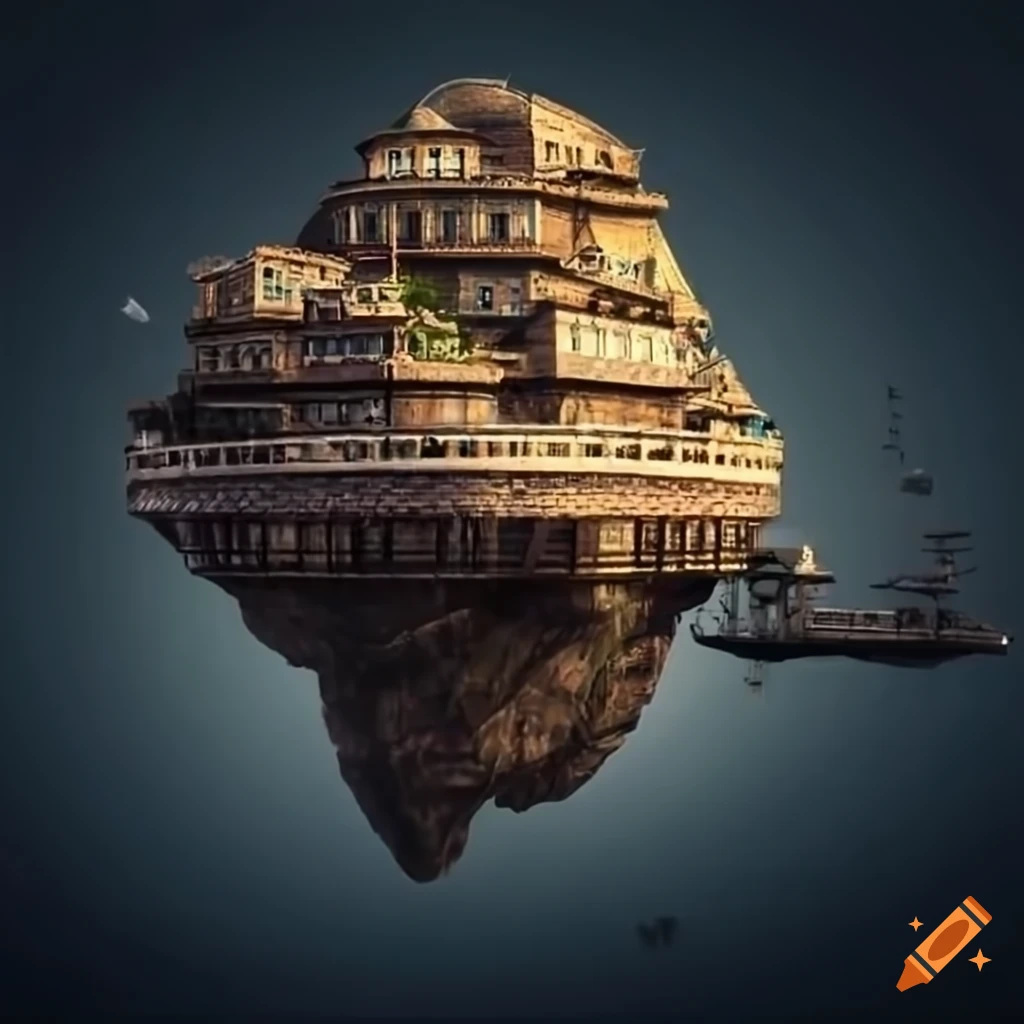 Floating rock with buildings above a steampunk city on Craiyon