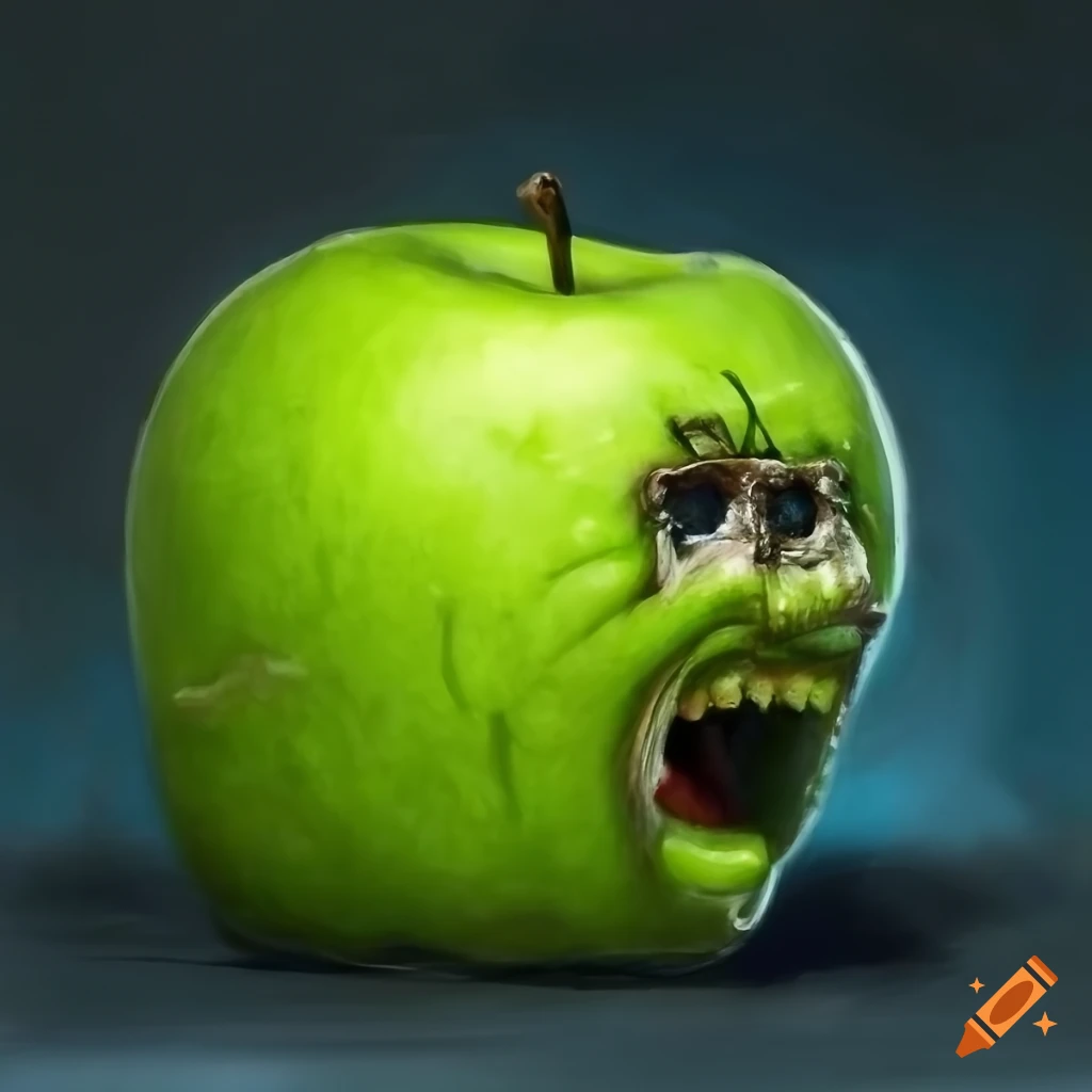 Hyperrealistic rotten green apple with a disturbing face