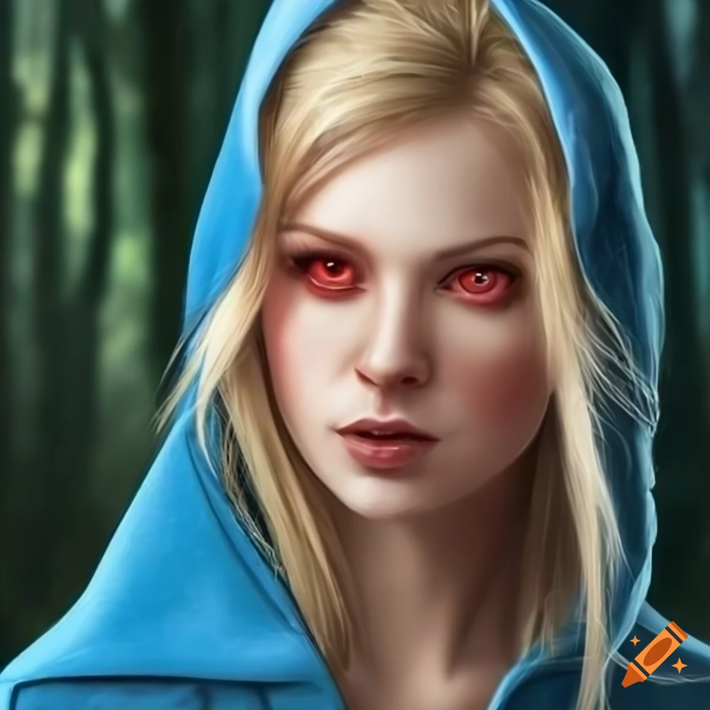 Portrait of a female elf with red eyes and long blonde hair on Craiyon