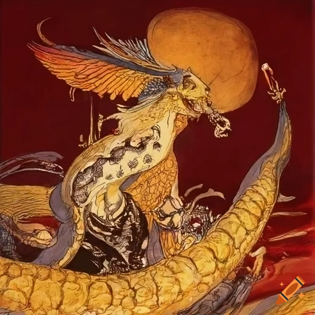 Illustration of a Kobold riding a winged Serpent in the desert on Craiyon
