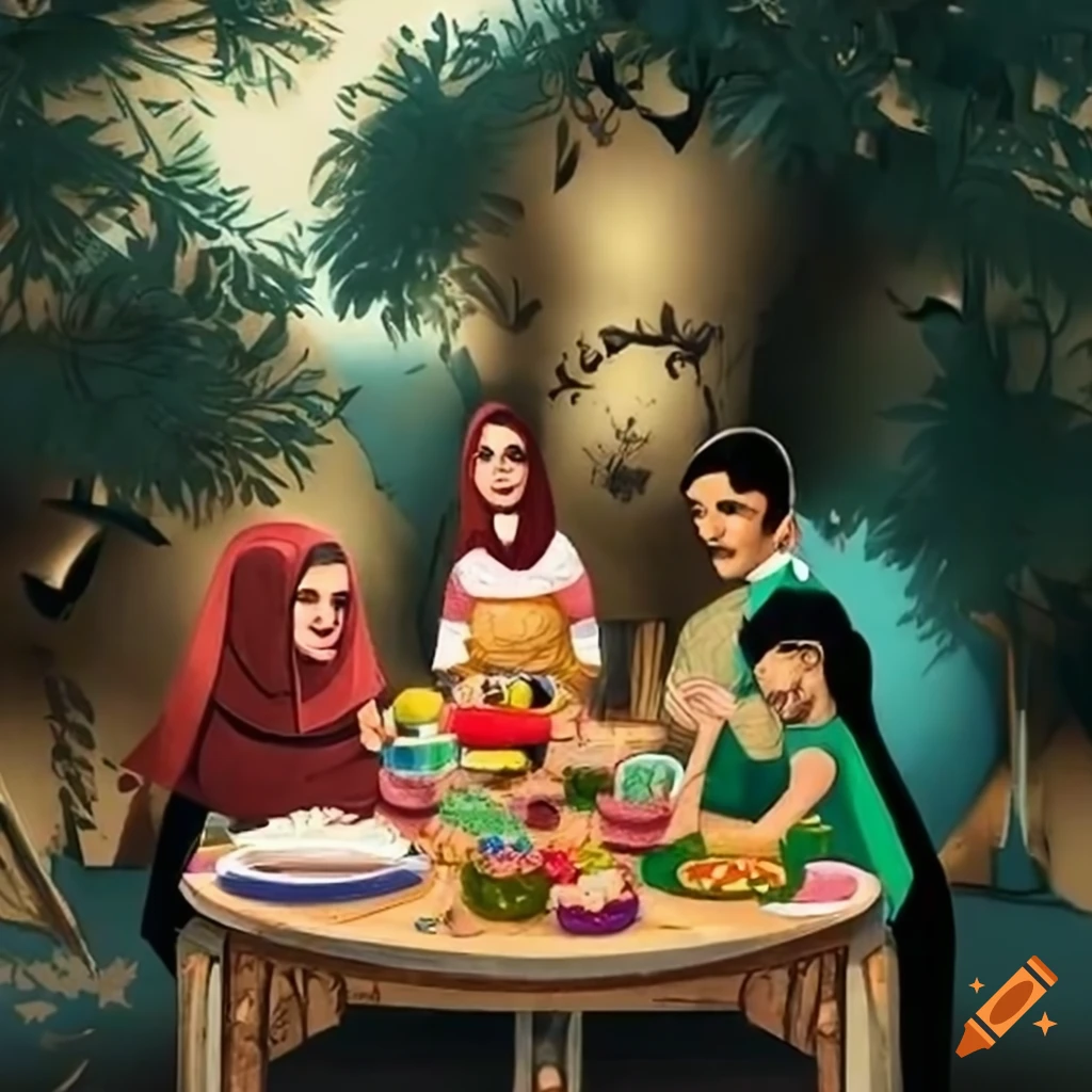 Painting of a Palestinian family gathering under olive trees on Craiyon