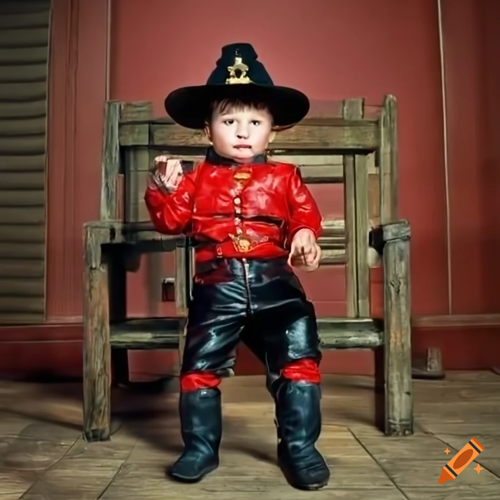 Young boy in red mountie uniform with concerned expression on Craiyon