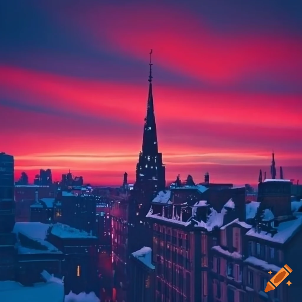 City at sunset covered in snow on Craiyon