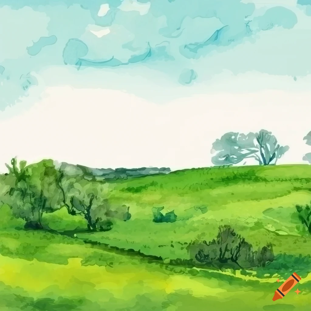Watercolor illustration of a pasture landscape on Craiyon
