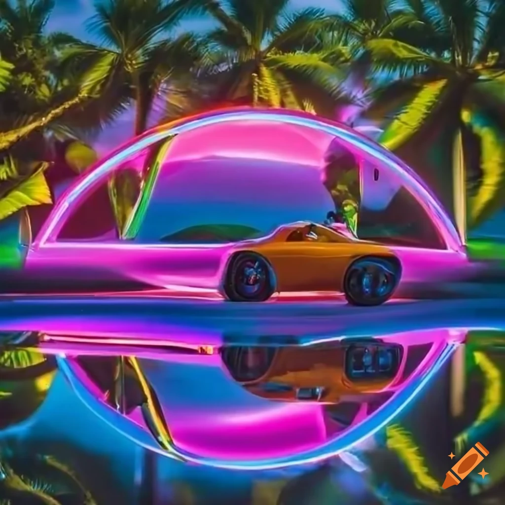 Neon-lit camaro on the shoreline on Craiyon