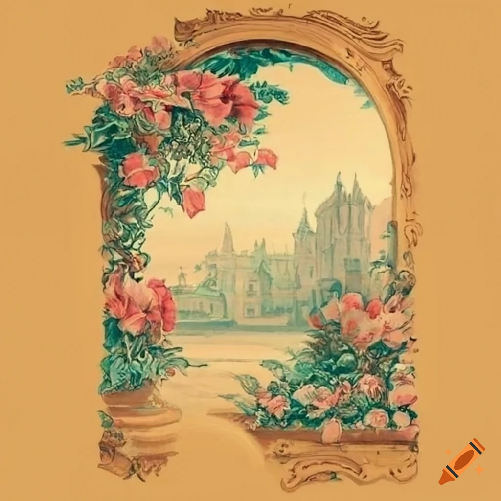 Rococo style drawing of flowers over a portal on Craiyon