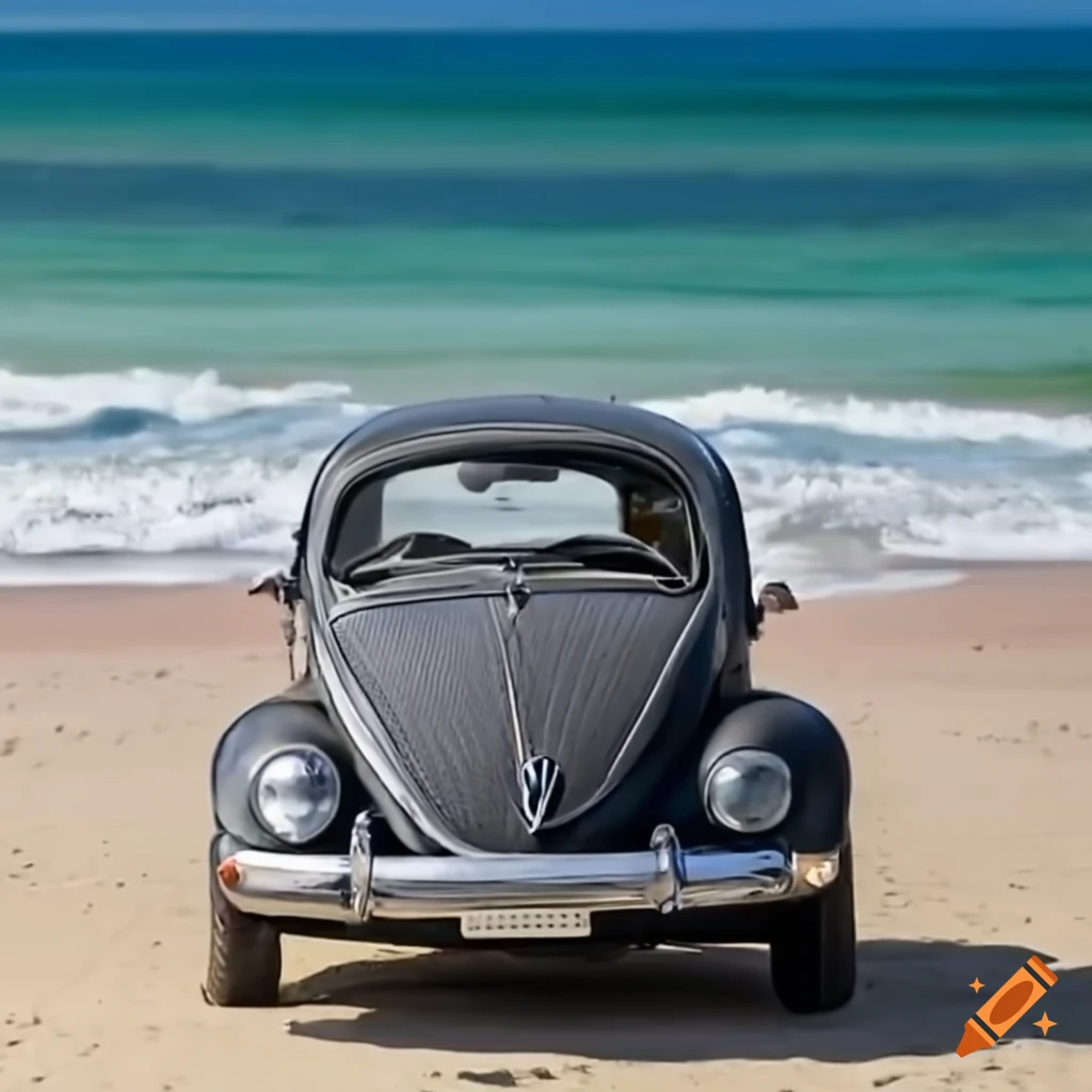 Volkswagen beetle at the beach with waves and palm trees on Craiyon