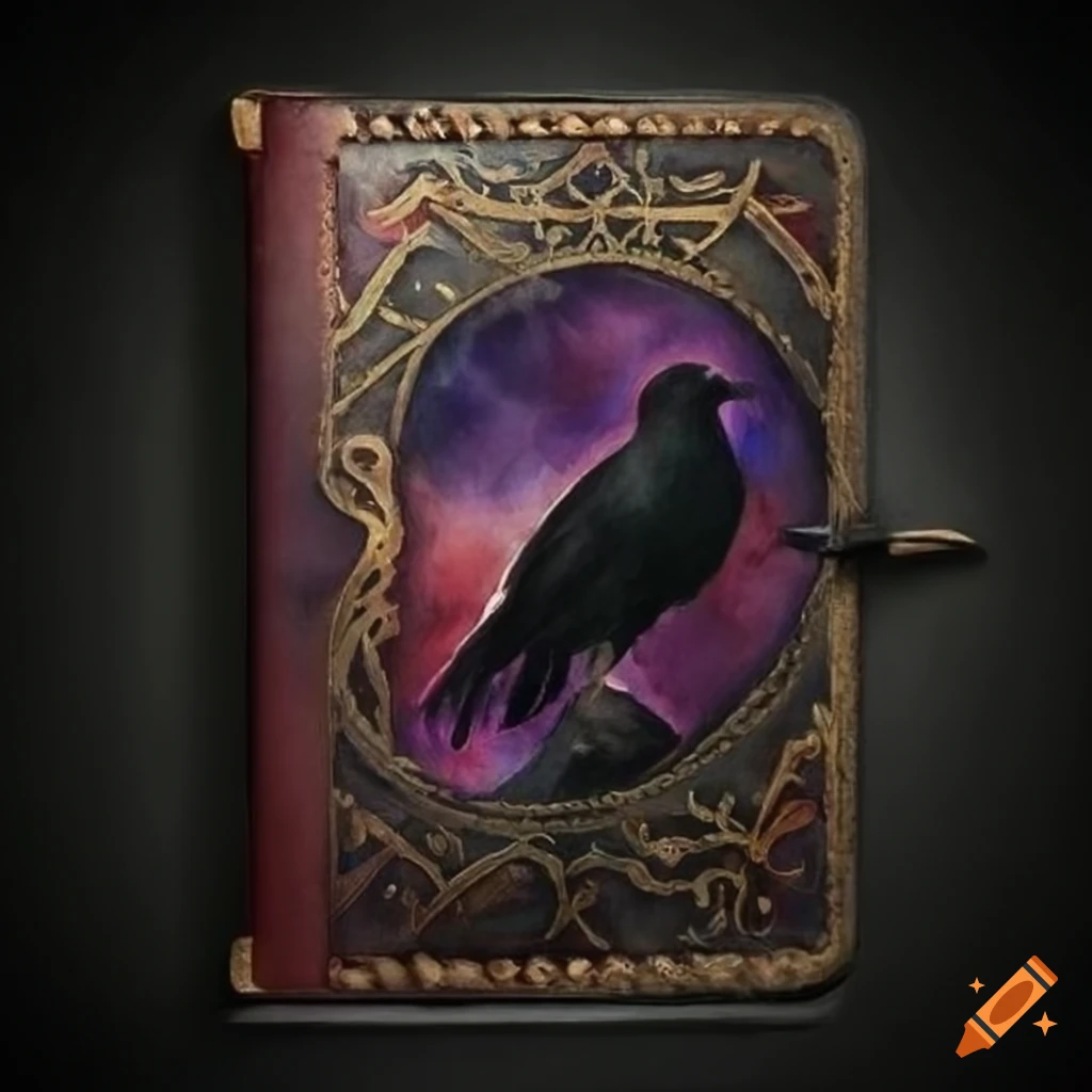 Watercolor painting of a black leather spellbook with a raven on Craiyon