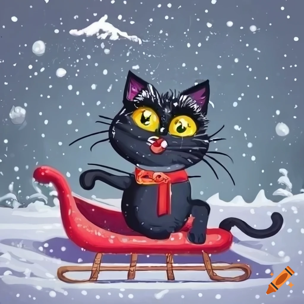 Cartoon art of a black cat sled riding in the snow on Craiyon