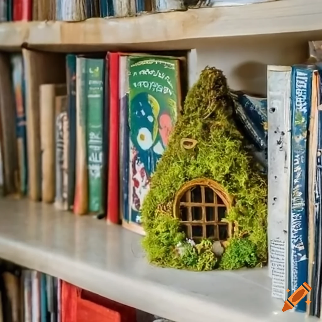 Miniature fairy house next to books on a shelf on Craiyon