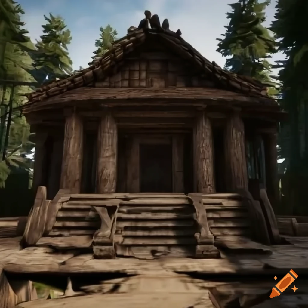Wooden temple in a pine forest on Craiyon