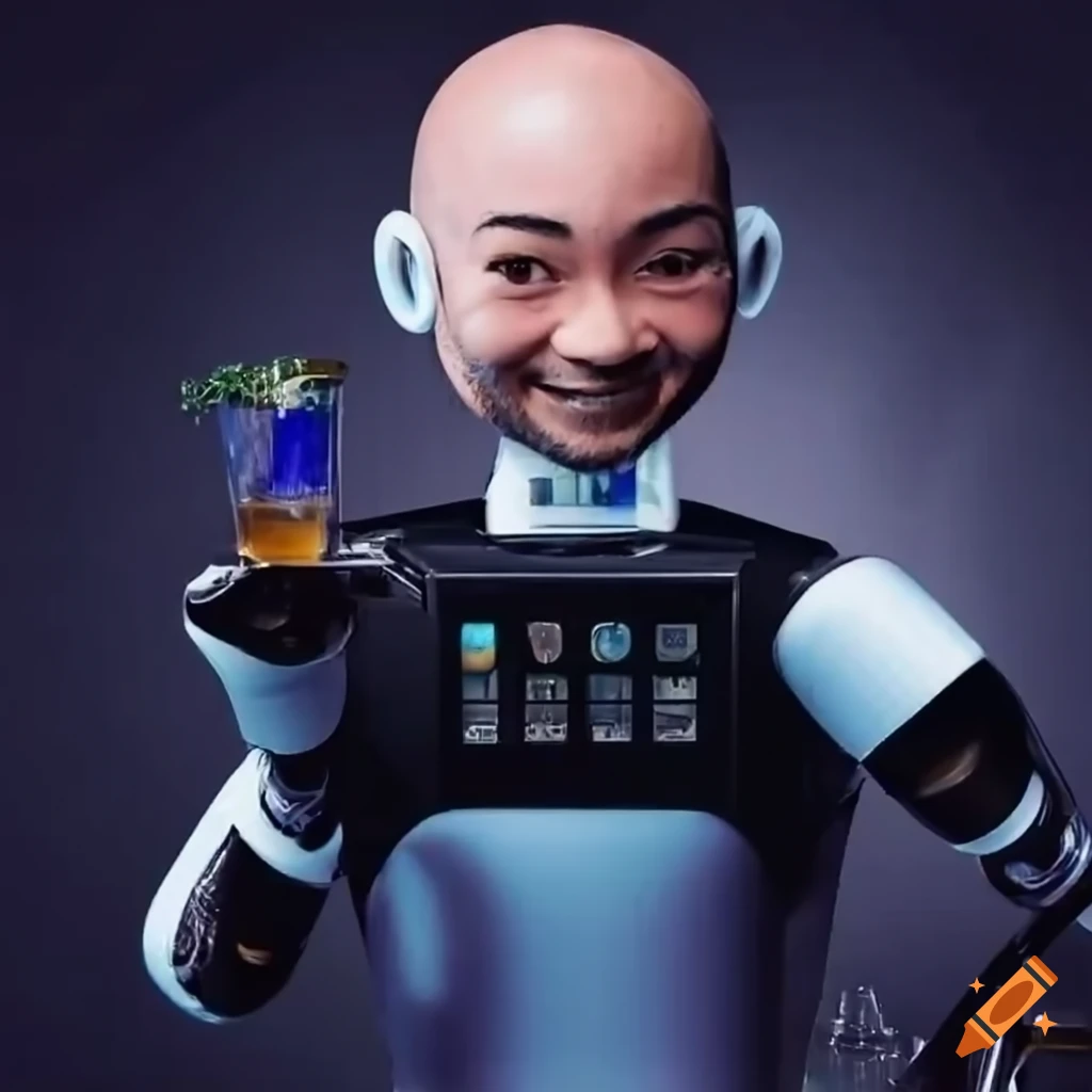 Friendly robot bartender serving drinks in a futuristic bar