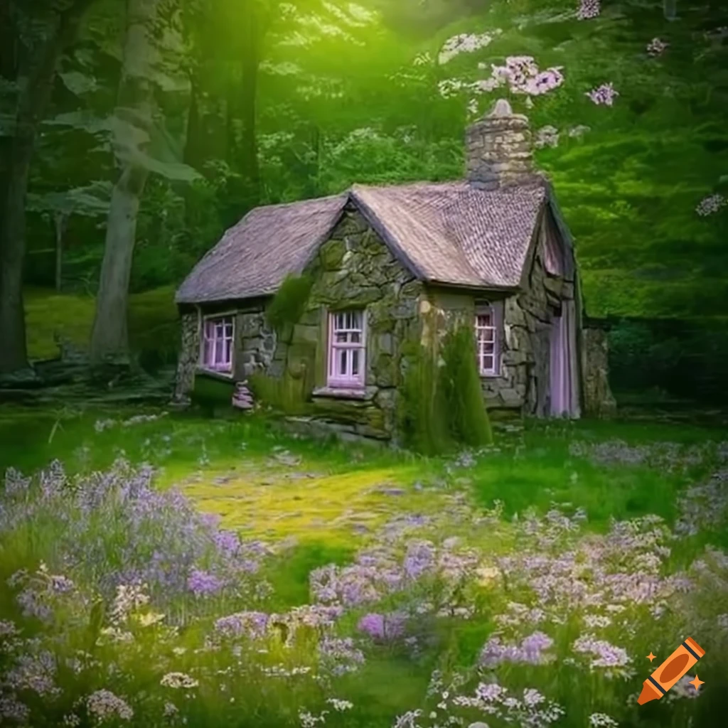 Image of a stone cottage surrounded by tall trees and wildflowers on ...