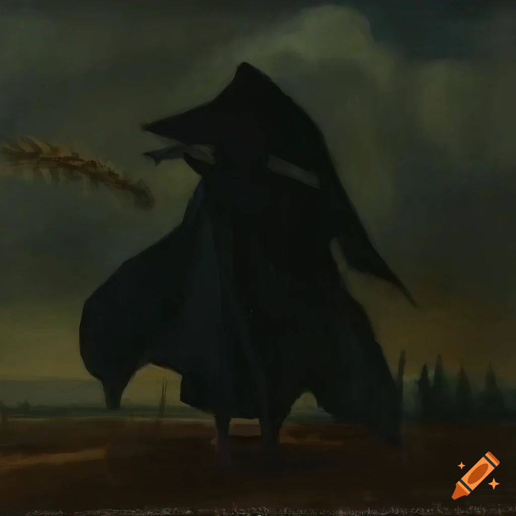 Dark baroque painting of a cloaked figure above a wheat field