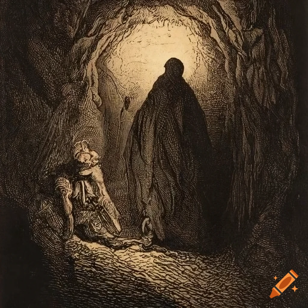 Etching of a man walking in a cave with a torch