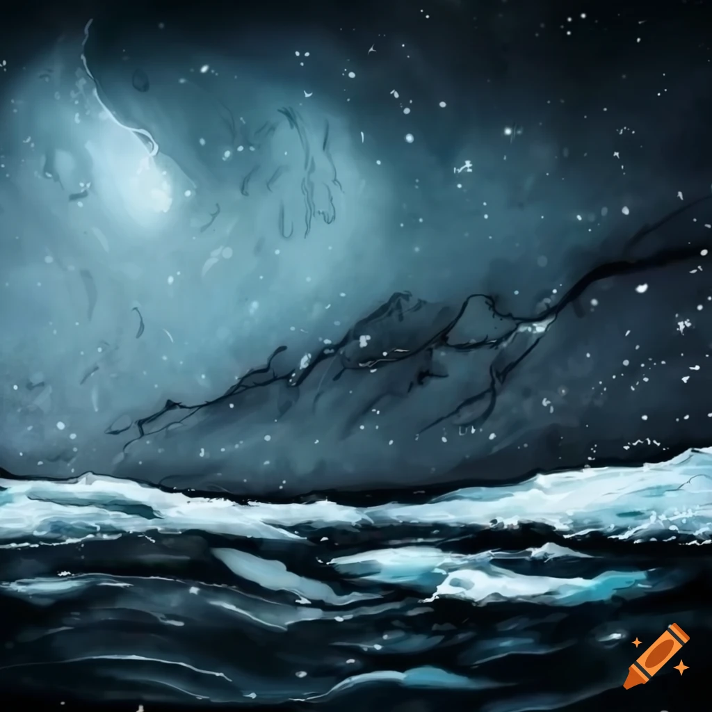 Illustration of a stormy sea with a northern island on Craiyon