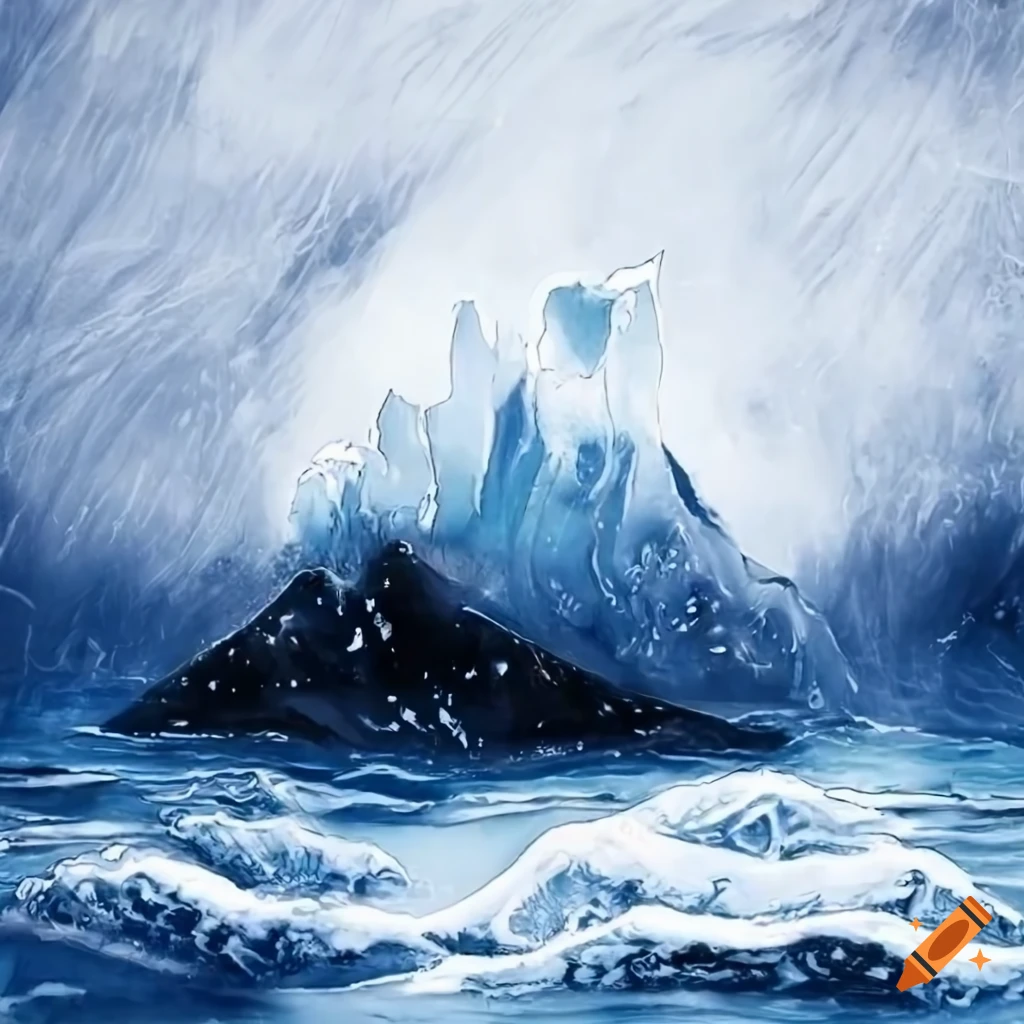 Illustration of a snowy island in a stormy sea on Craiyon