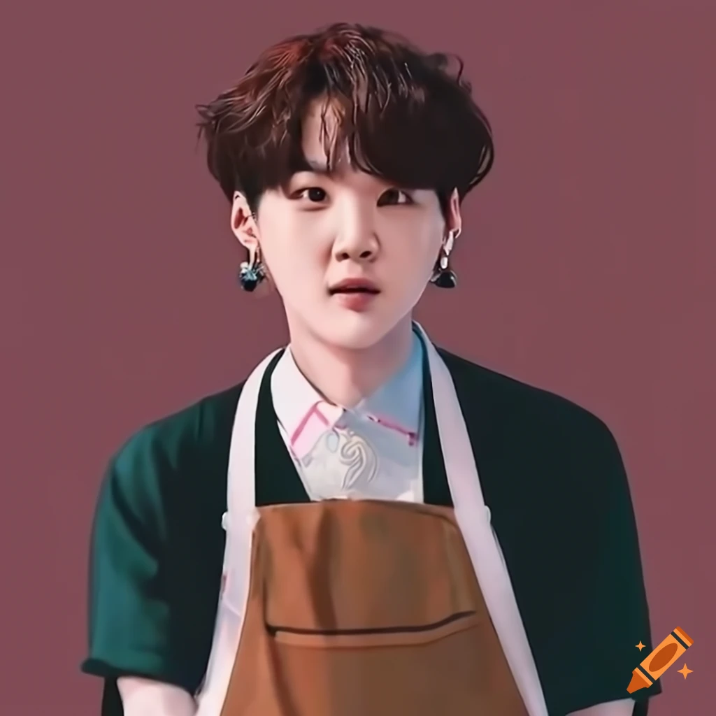 Cinematic image of suga from bts wearing a starbucks apron