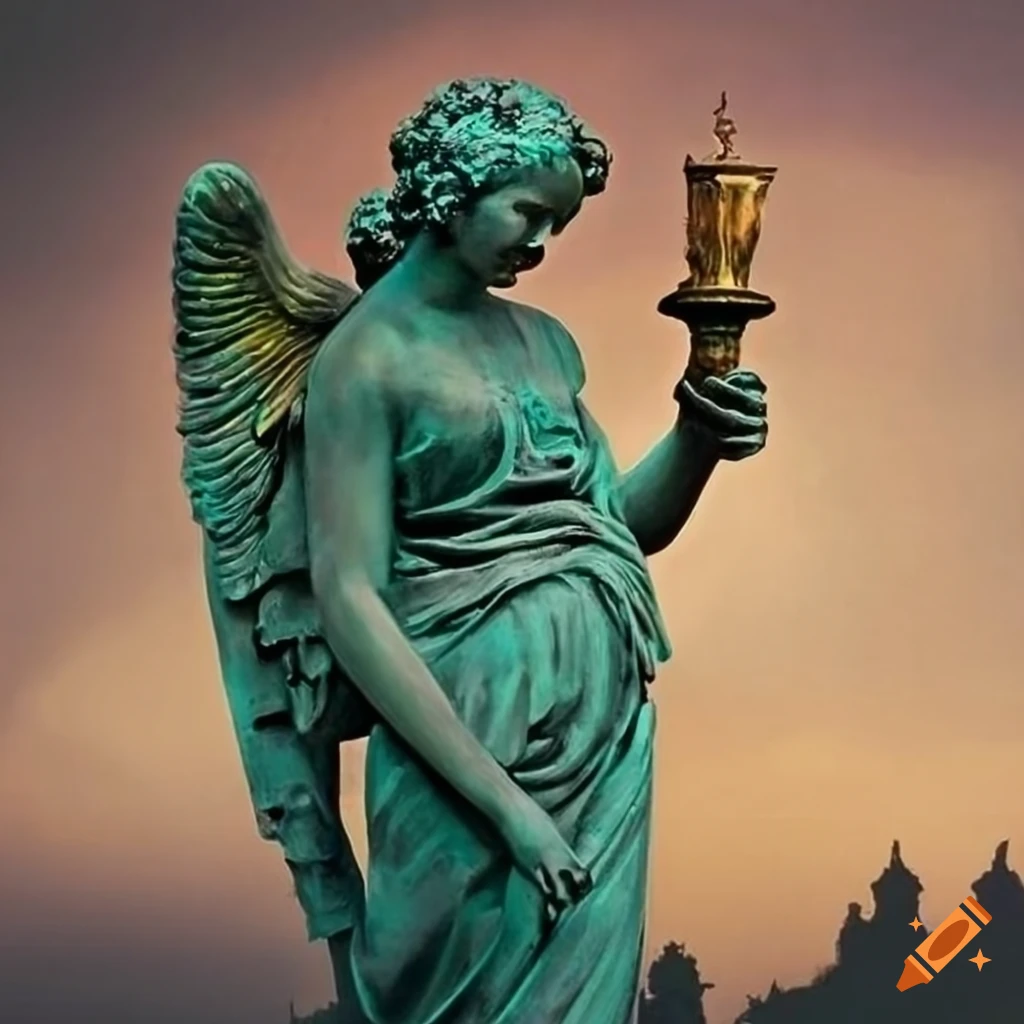 Sculpture of an angel holding a torch on a bridge on Craiyon