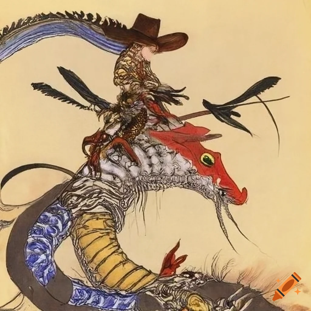 Illustration of a Kobold riding a winged Serpent in the desert on Craiyon