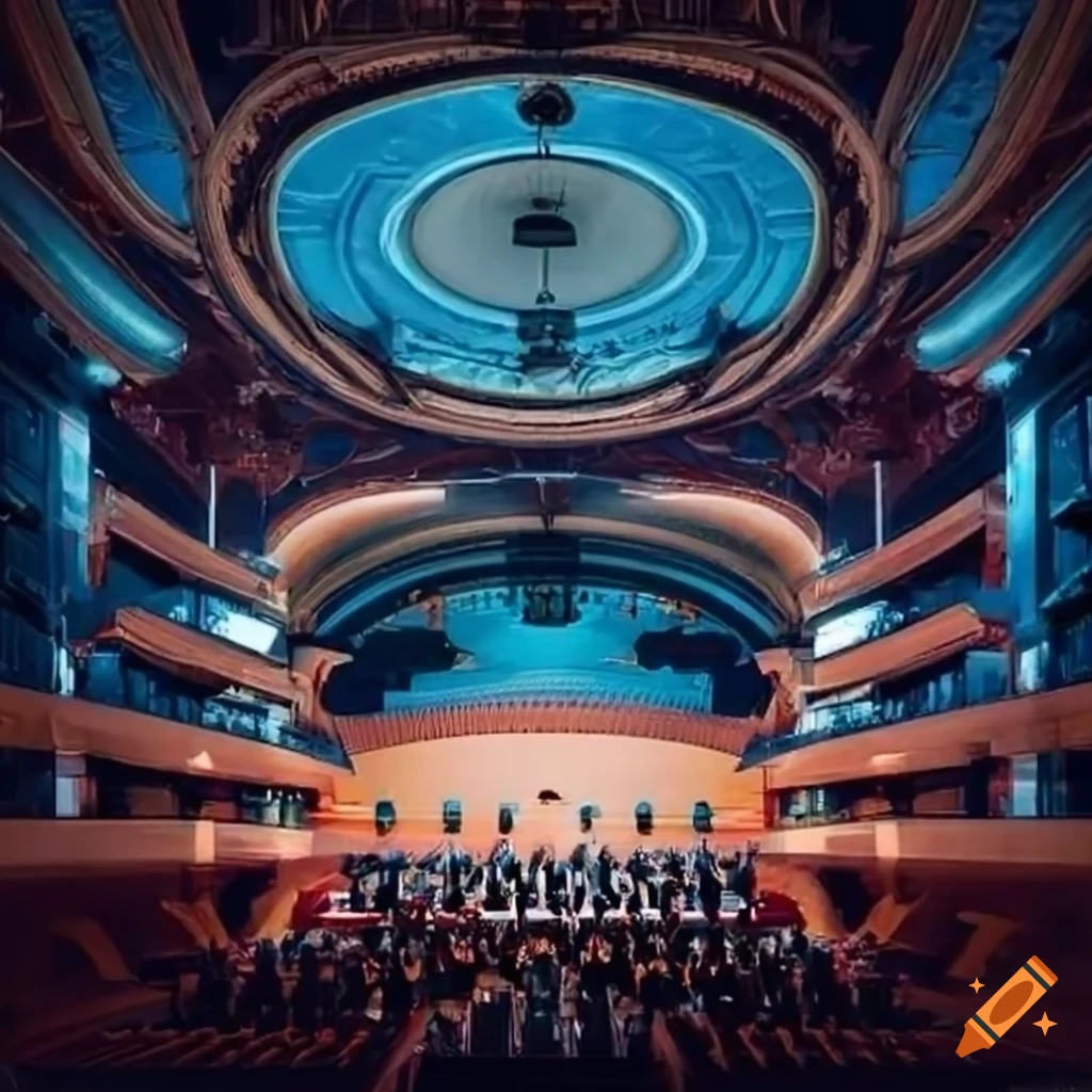 Futuristic opera house with orchestra playing on Craiyon