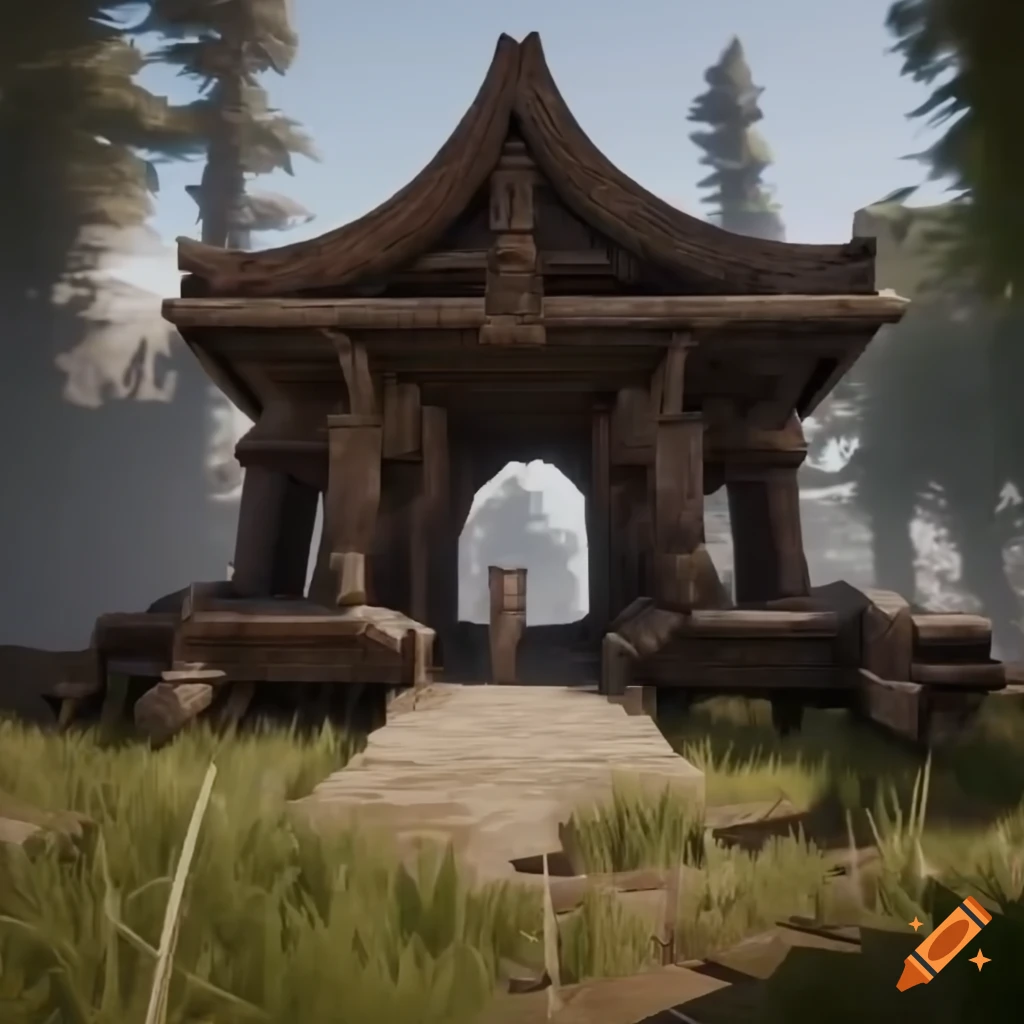 Wooden temple in a forest on Craiyon