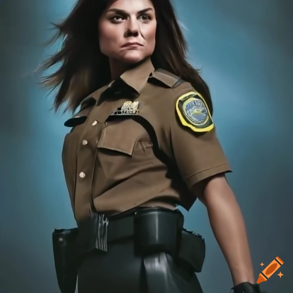 Closeup of a policewoman in leather trousers and tan police shirt on ...