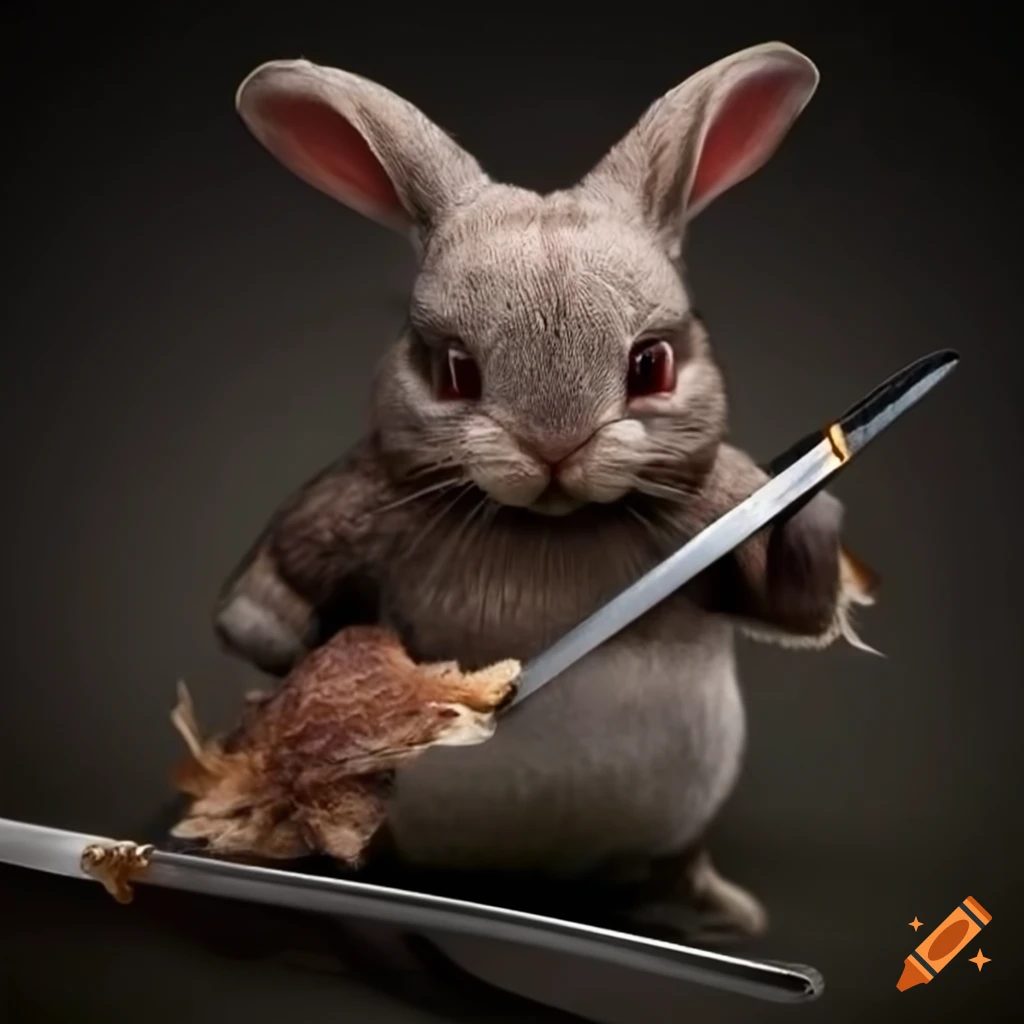 Anthromorphic rabbit slicing cabbage with katana on Craiyon