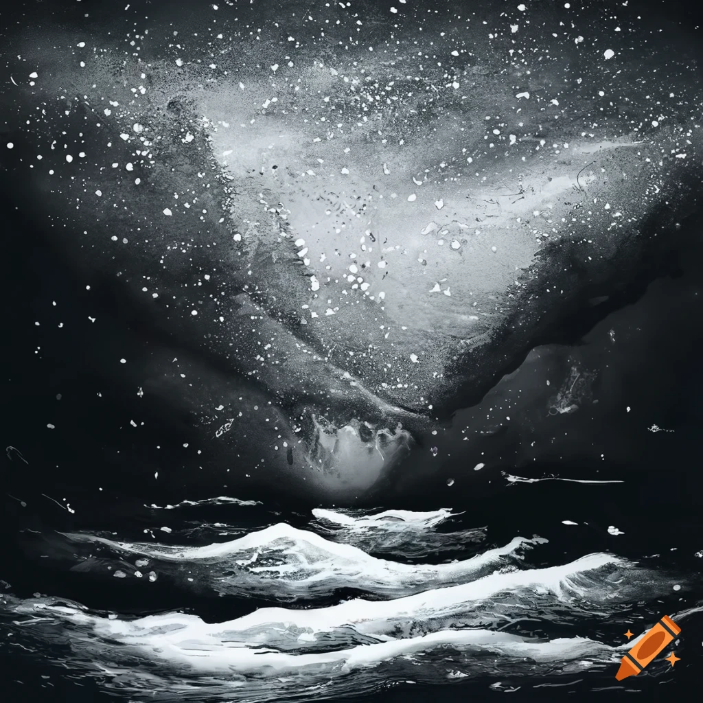 Black ink illustration of a northern island in a stormy sea