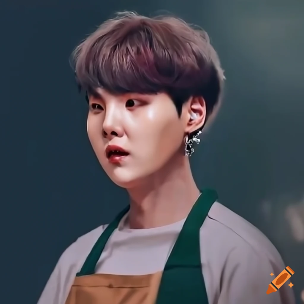 Cinematic image of Suga from BTS wearing a Starbucks apron on Craiyon