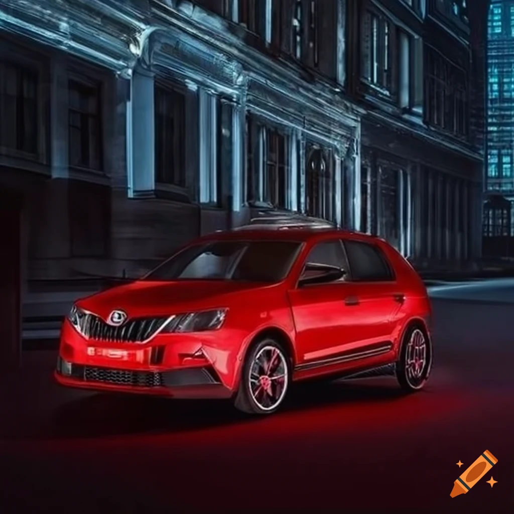 Luxurious red skoda citi-go shining in the city on Craiyon