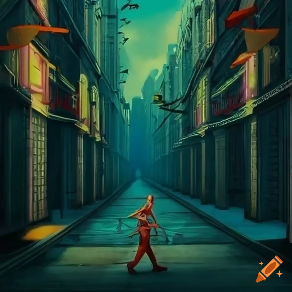 Surreal artwork of a spaghetti man in a deserted city on Craiyon