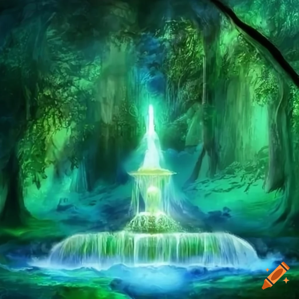 Mythical beautiful lady in water with waterfall in enchanted forest on ...
