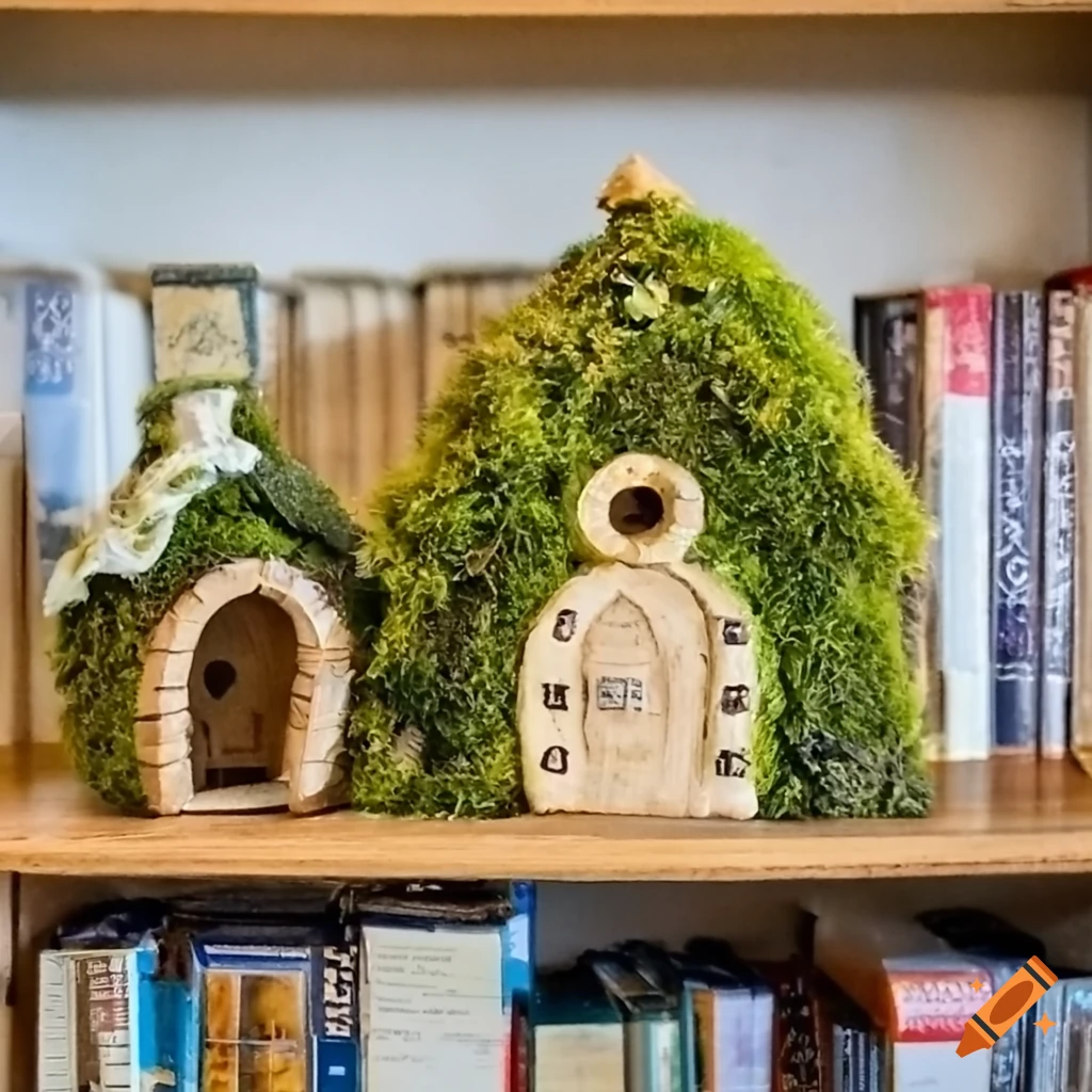 Miniature fairy house next to books on a shelf