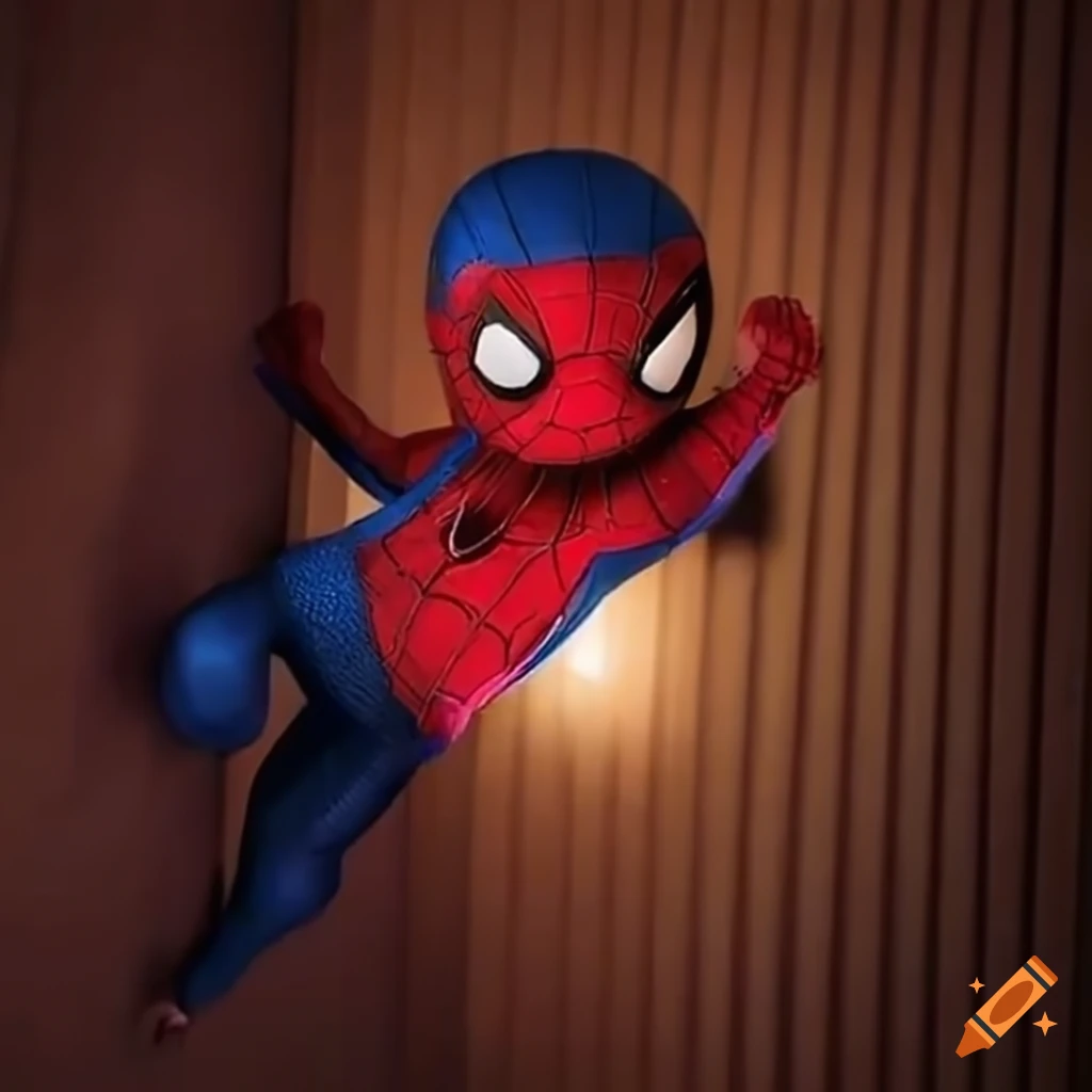 Baby spider-man climbing a wall at home