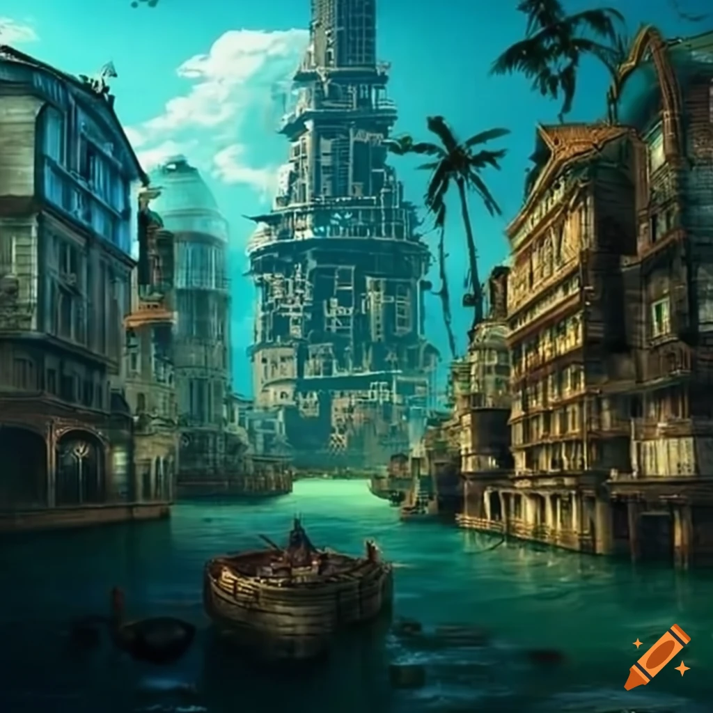 Steampunk cityscape during a hurricane