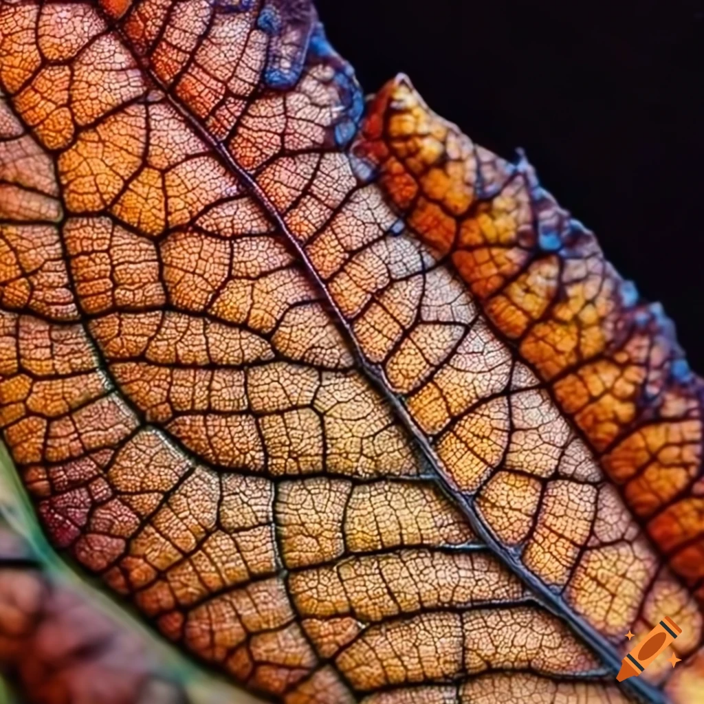 Vivid macro photograph of intricately patterned autumn leaf on Craiyon