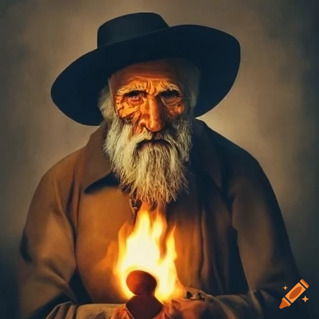 Old man telling stories by the fire on Craiyon