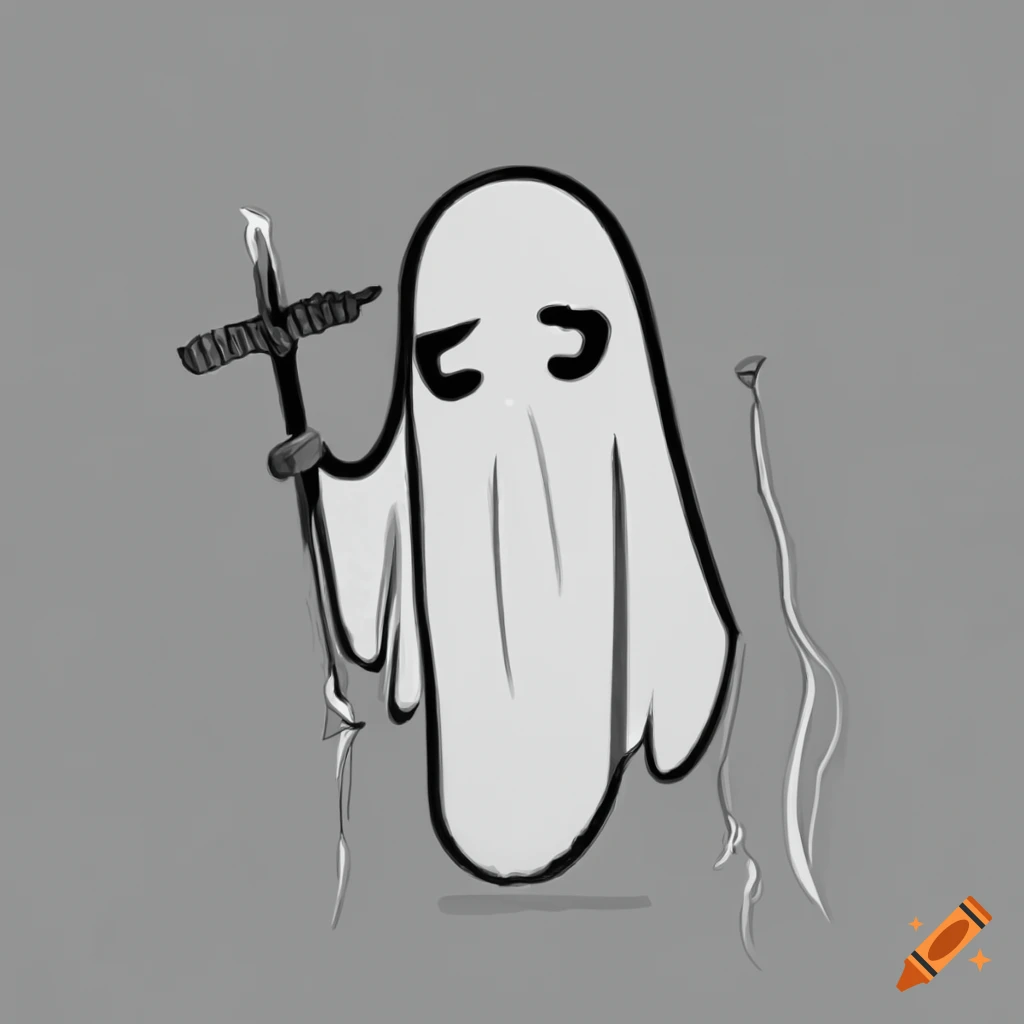 Black and white line drawing of a ghost with swords