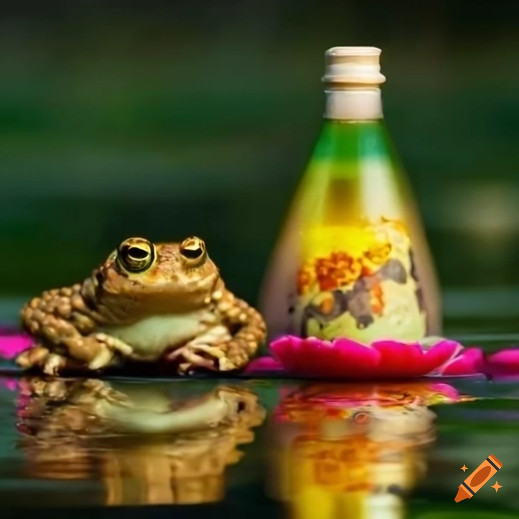 Asian toad with sake on a lillypad on Craiyon
