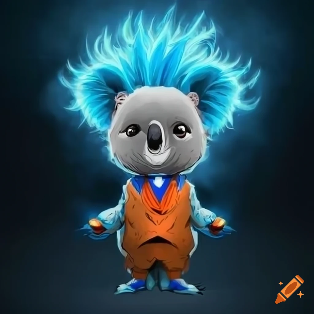 Illustration of a koala with fiery hair and glowing aura on Craiyon